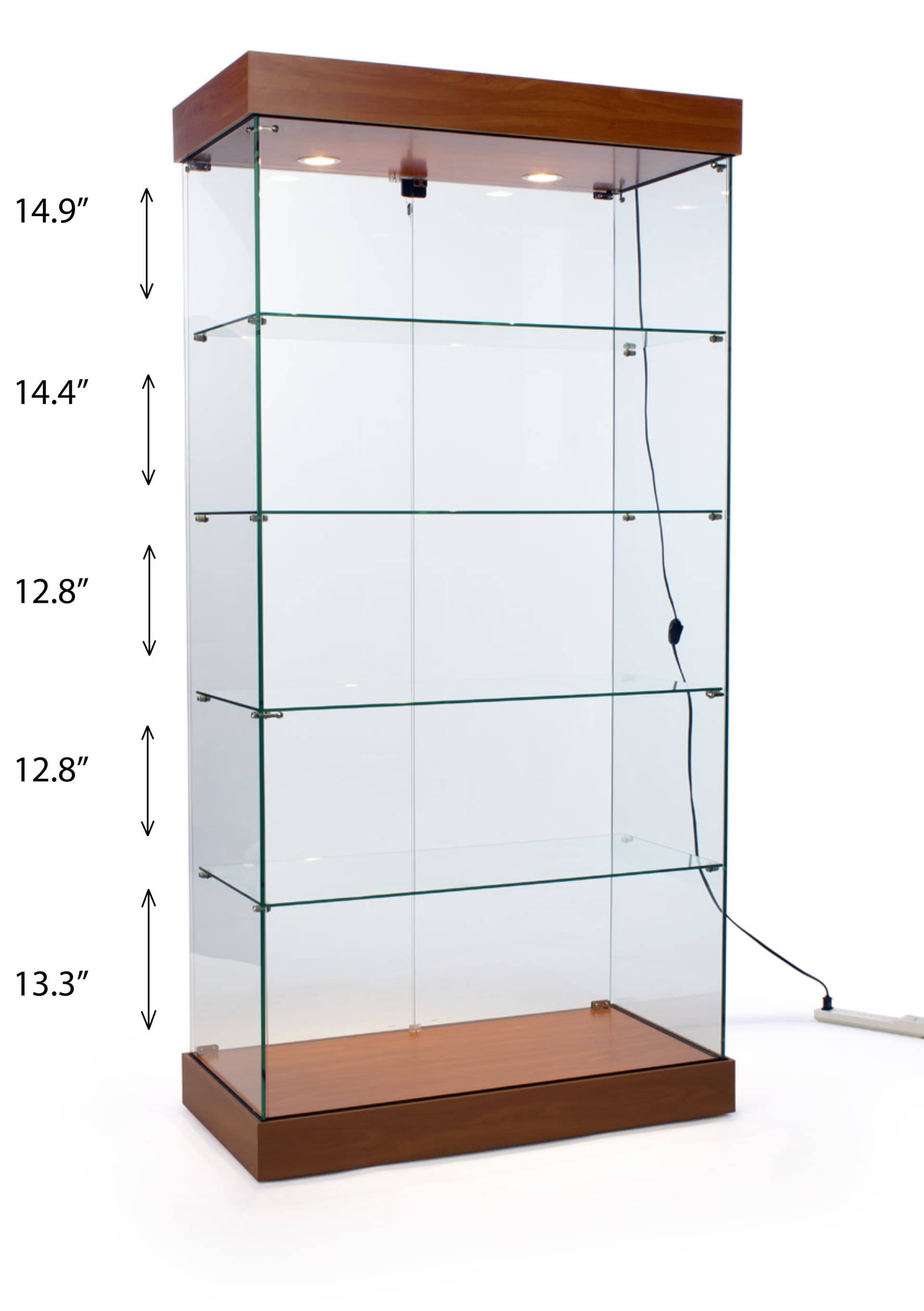 Full Vision Showcases | Overhead Lighting, Cherry Laminate Finish ...