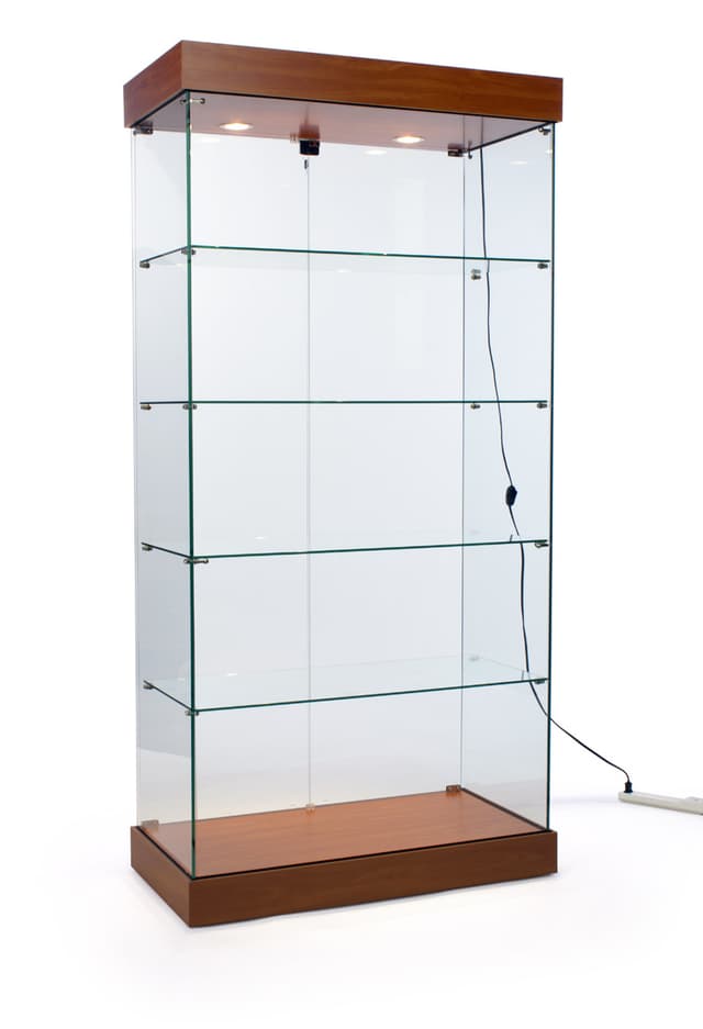 Full Vision Showcases | Overhead Lighting, Cherry Laminate Finish ...