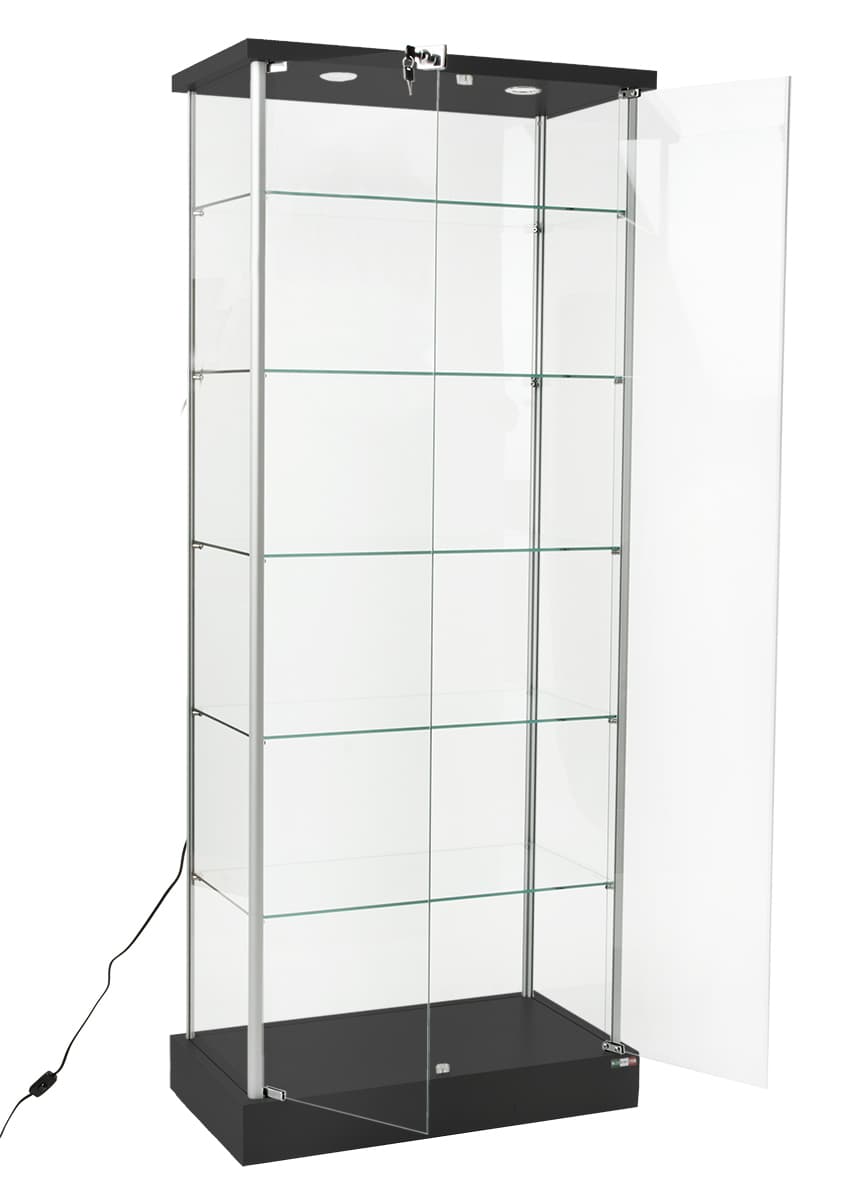 Retail Glass Display Case | (2) LED Lights & Hidden Casters | Displays2Go