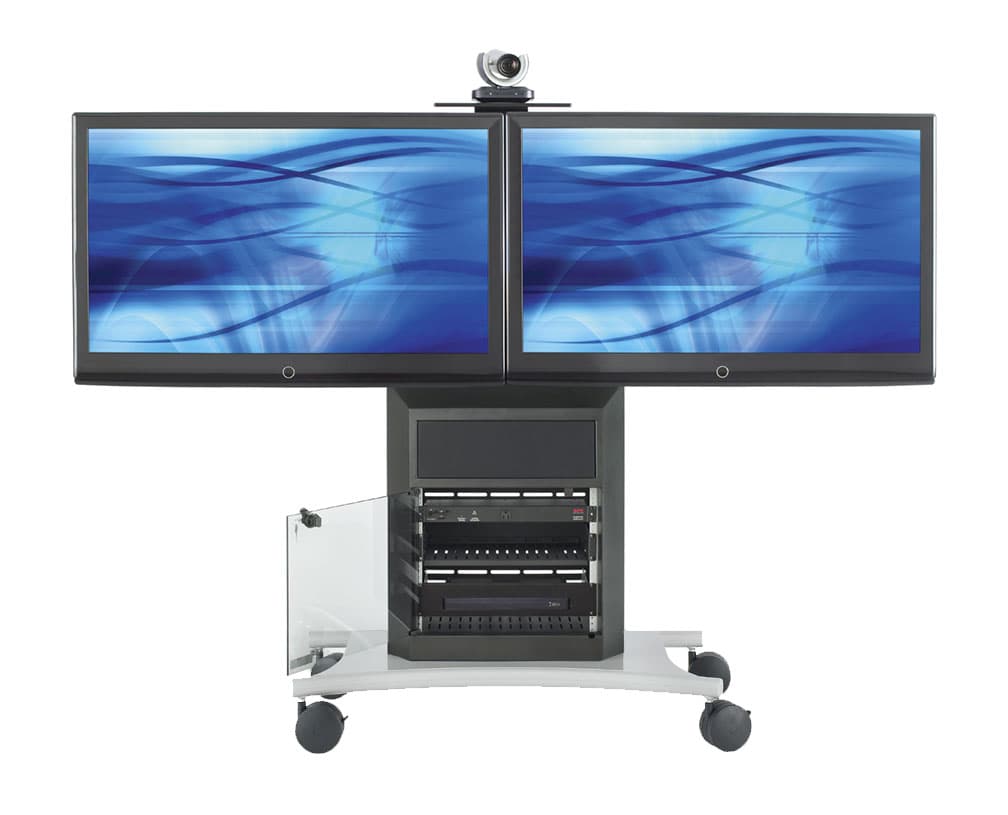 Dual TV Cart w/ (4) Wheels, Locking Cabinet & Camera Mount | Displays2Go