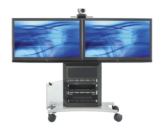 Dual TV Cart w/ (4) Wheels, Locking Cabinet & Camera Mount | Displays2Go