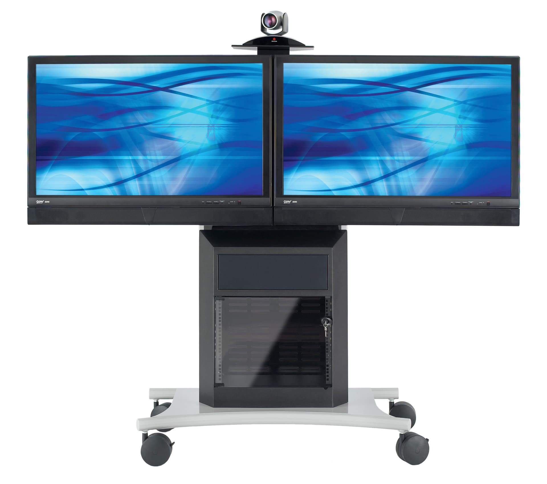 Dual TV Cart w/ (4) Wheels, Locking Cabinet & Camera Mount | Displays2Go
