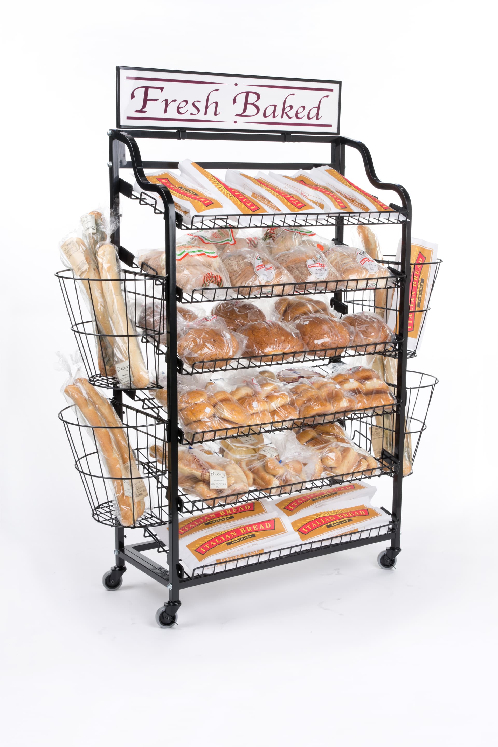 Bakery Displays w/ Side Baskets | Tilting Shelf Space | Displays2Go