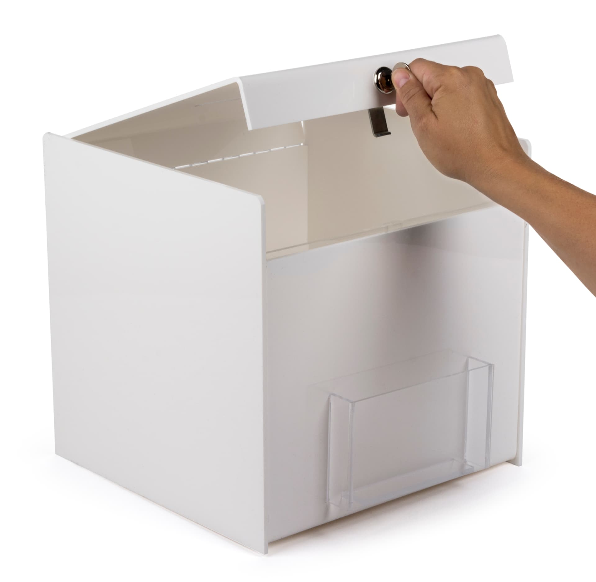 White Ballot Box with Form Pocket - Locking | Displays2Go