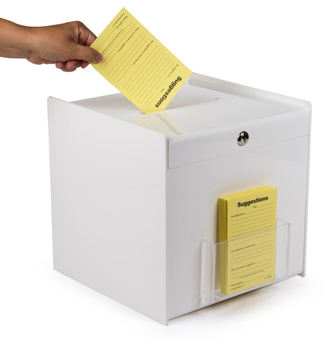 White Ballot Box with Form Pocket - Locking | Displays2Go