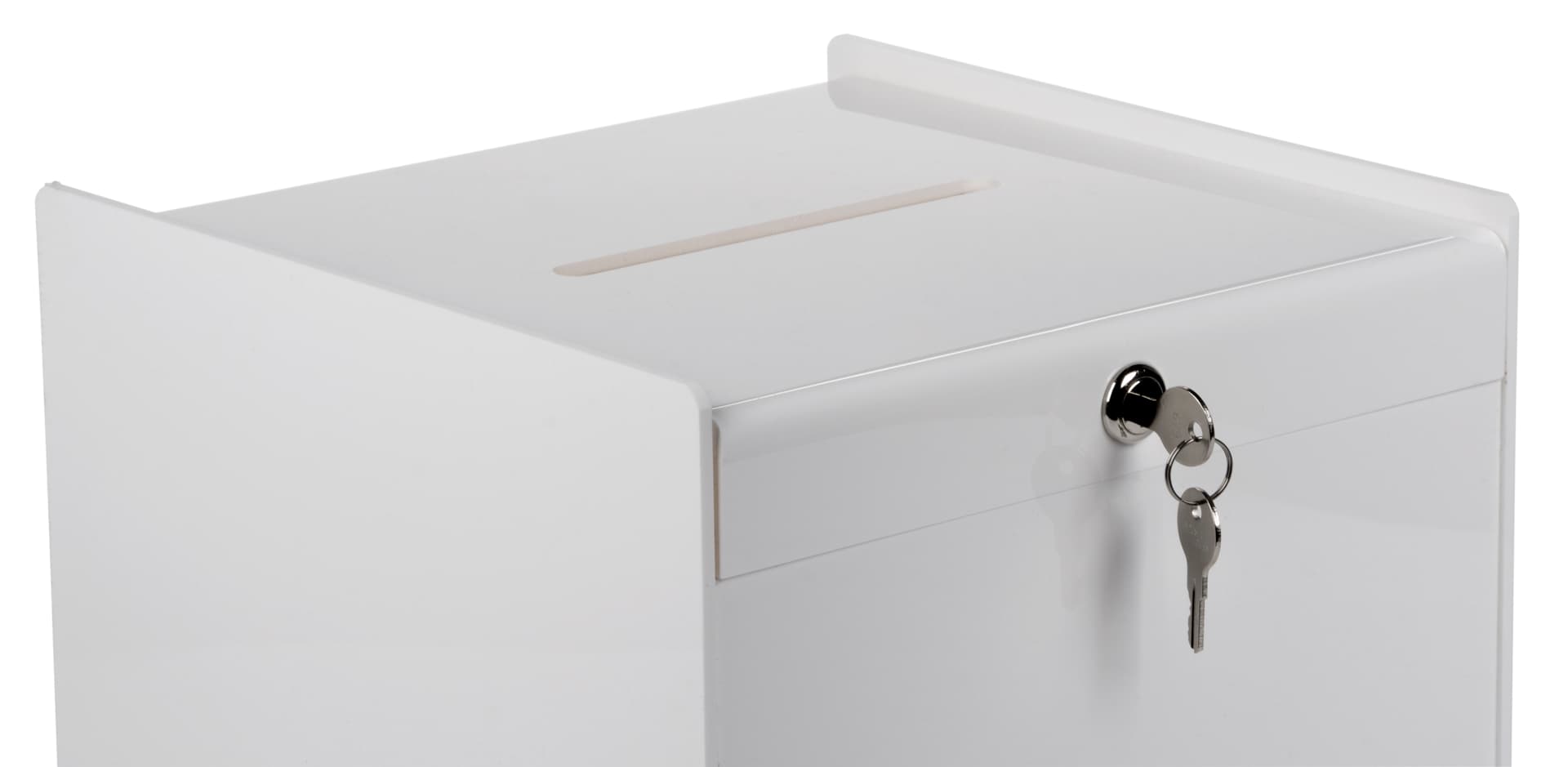 White Ballot Box with Form Pocket - Locking | Displays2Go