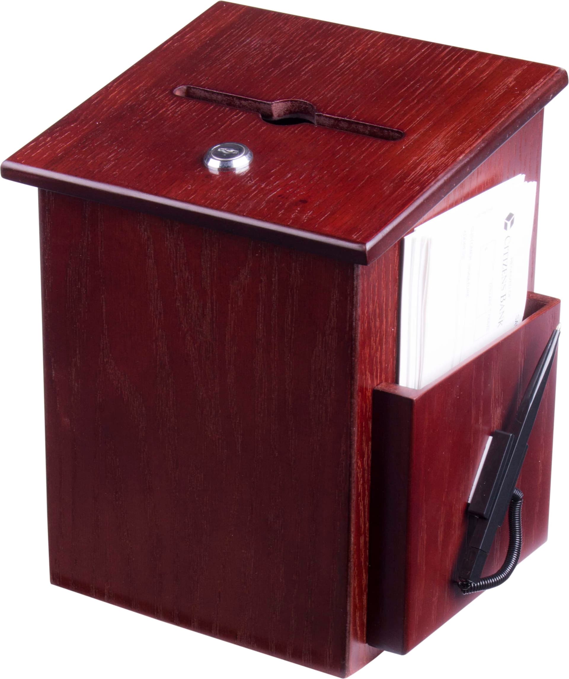 Wood Suggestion Box | Security Pen Attachment & Side Pocket | Displays2Go