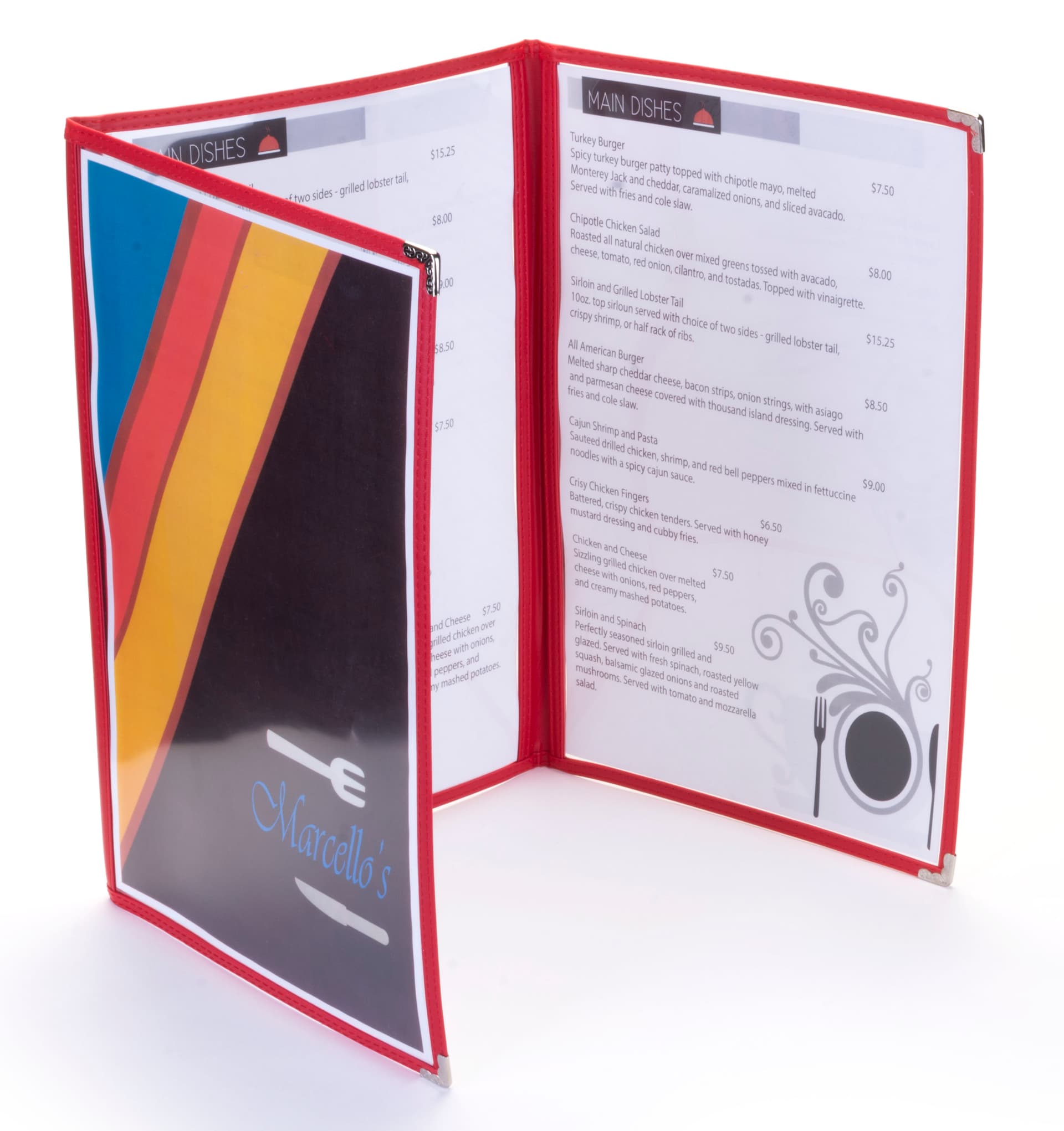 Red 8.5” x 14” (3) Panel Clear Menu Covers | Cuisine Jacket | Displays2Go