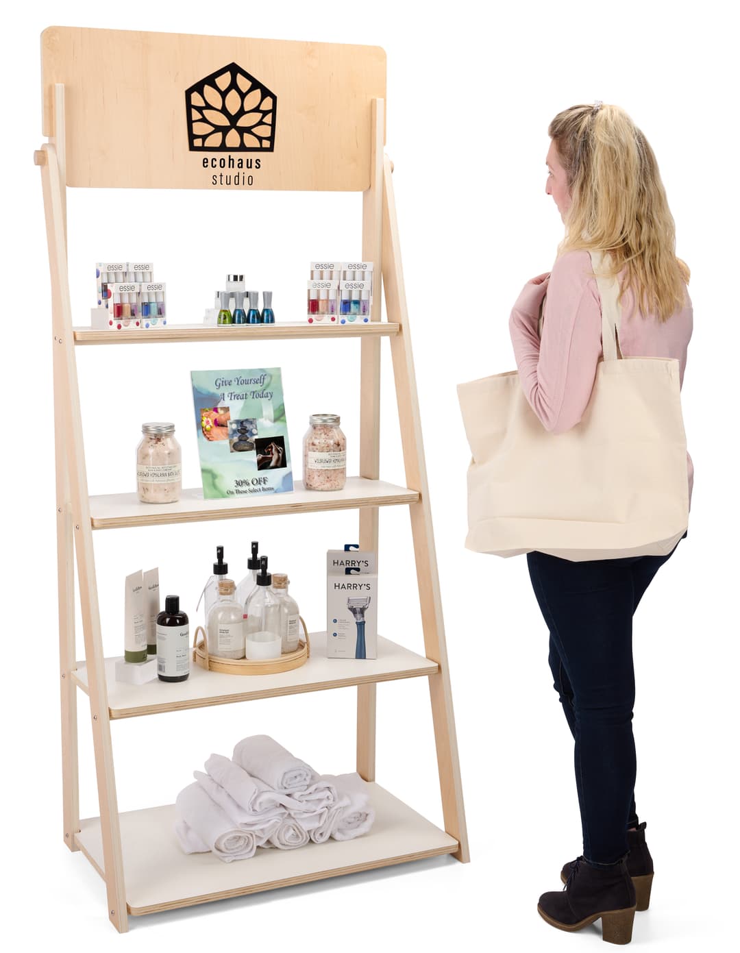 Wooden Ladder Shelves with Logo | Custom Printed Graphics | Displays2Go