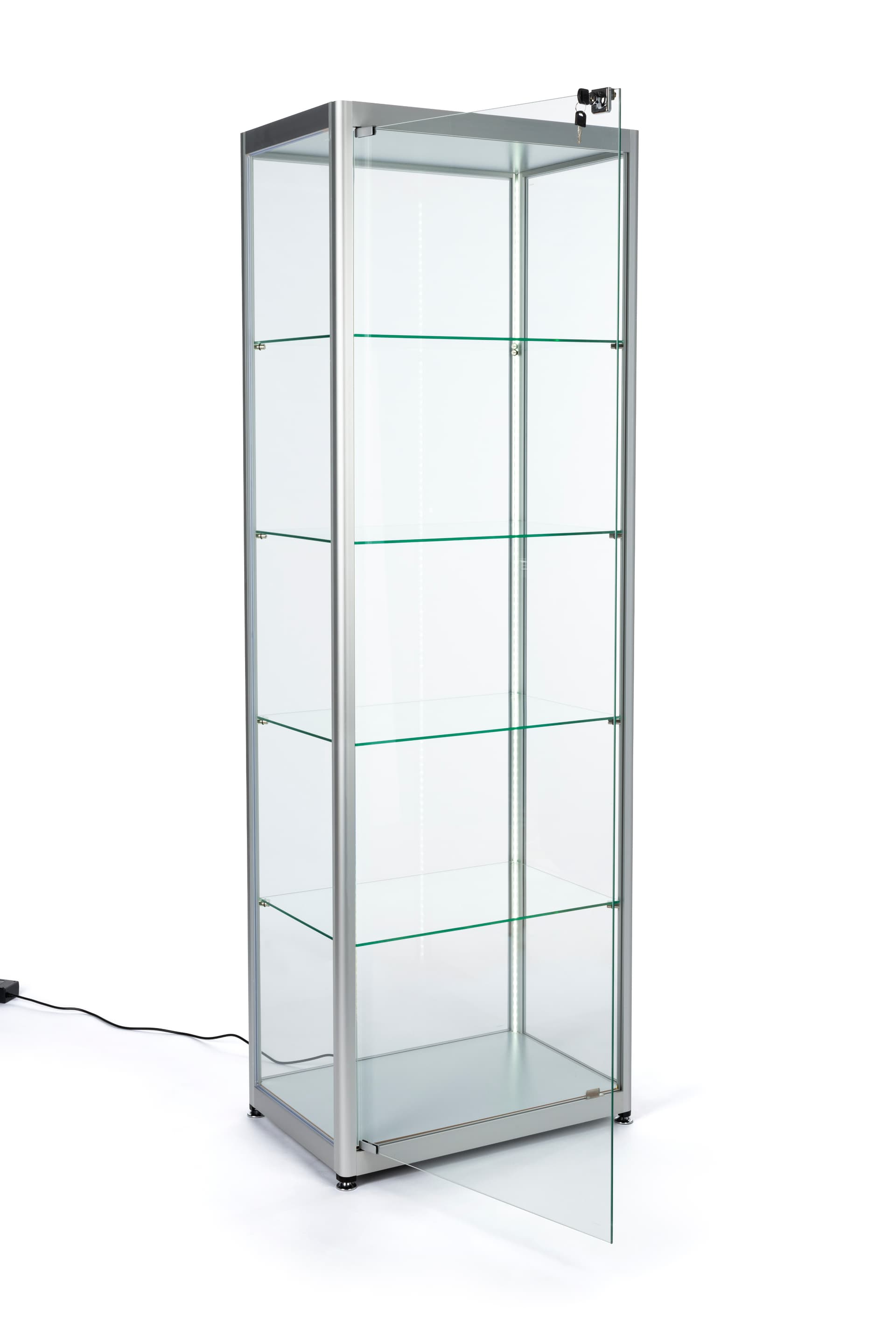 Full Glass Narrow Display Showcase | Aluminum Frame, 23.5"w | Displays2Go