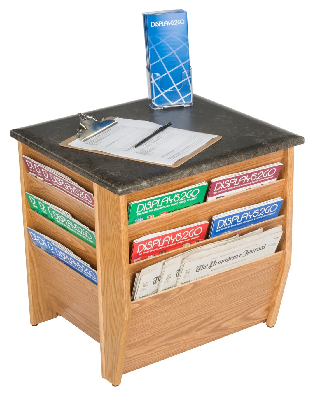 Light Oak Magazine Rack End Table | Black Top with 9 Pockets | Displays2Go