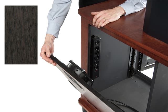 Heritage Walnut Veneer Dual Monitor Trolley | 6 Caster Wheels | Displays2Go