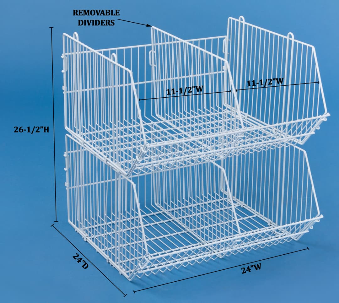 Wire Storage Basket | (2) Tiered Stackable Bins w/ Removable Dividers ...