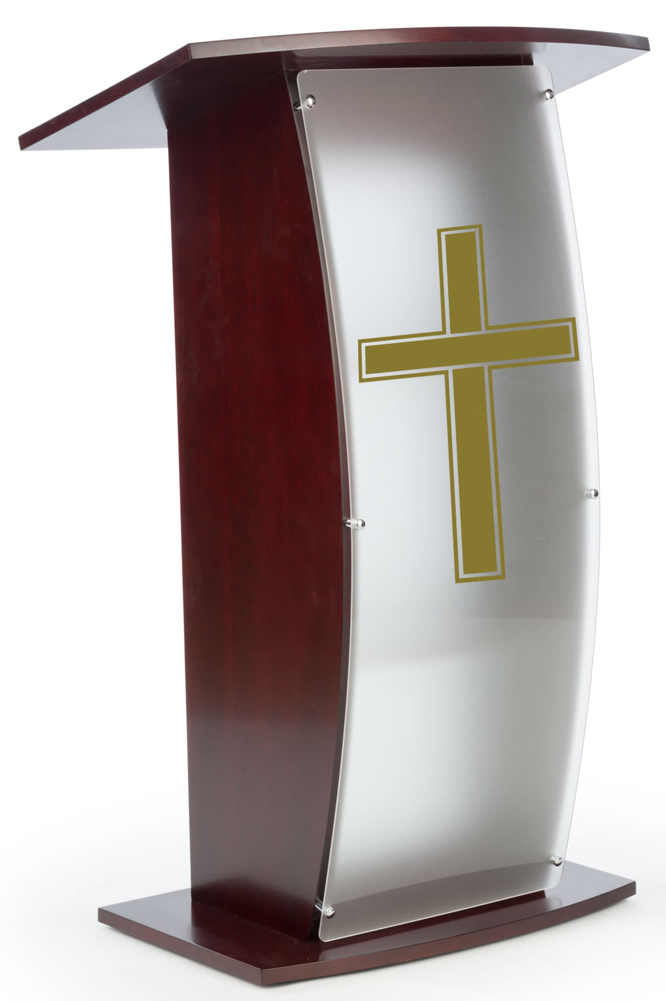 Mahogany Pulpit with Traditional Cross | Stock Vinyl Printing | Displays2Go