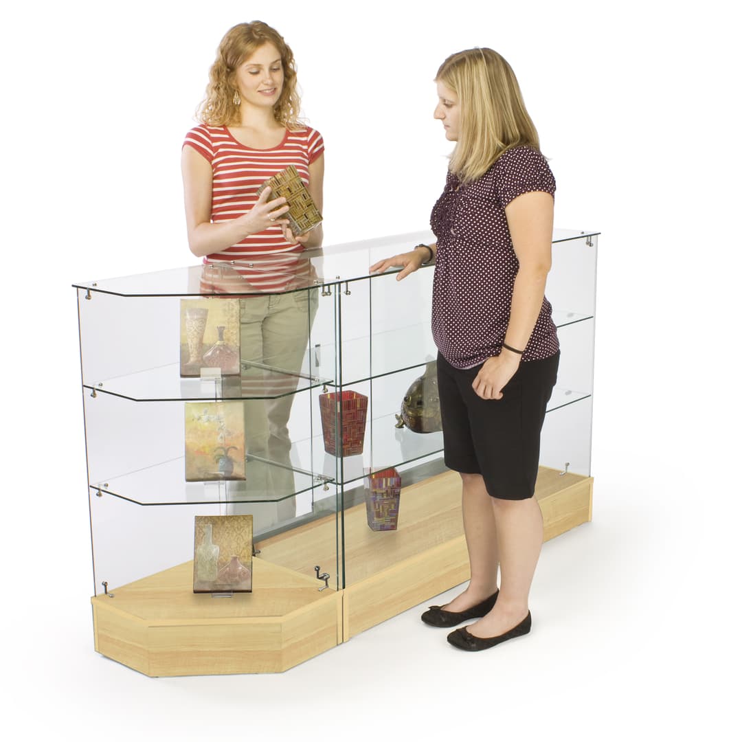Maple Finished Glass Counter - 4' Frameless Design | Displays2Go