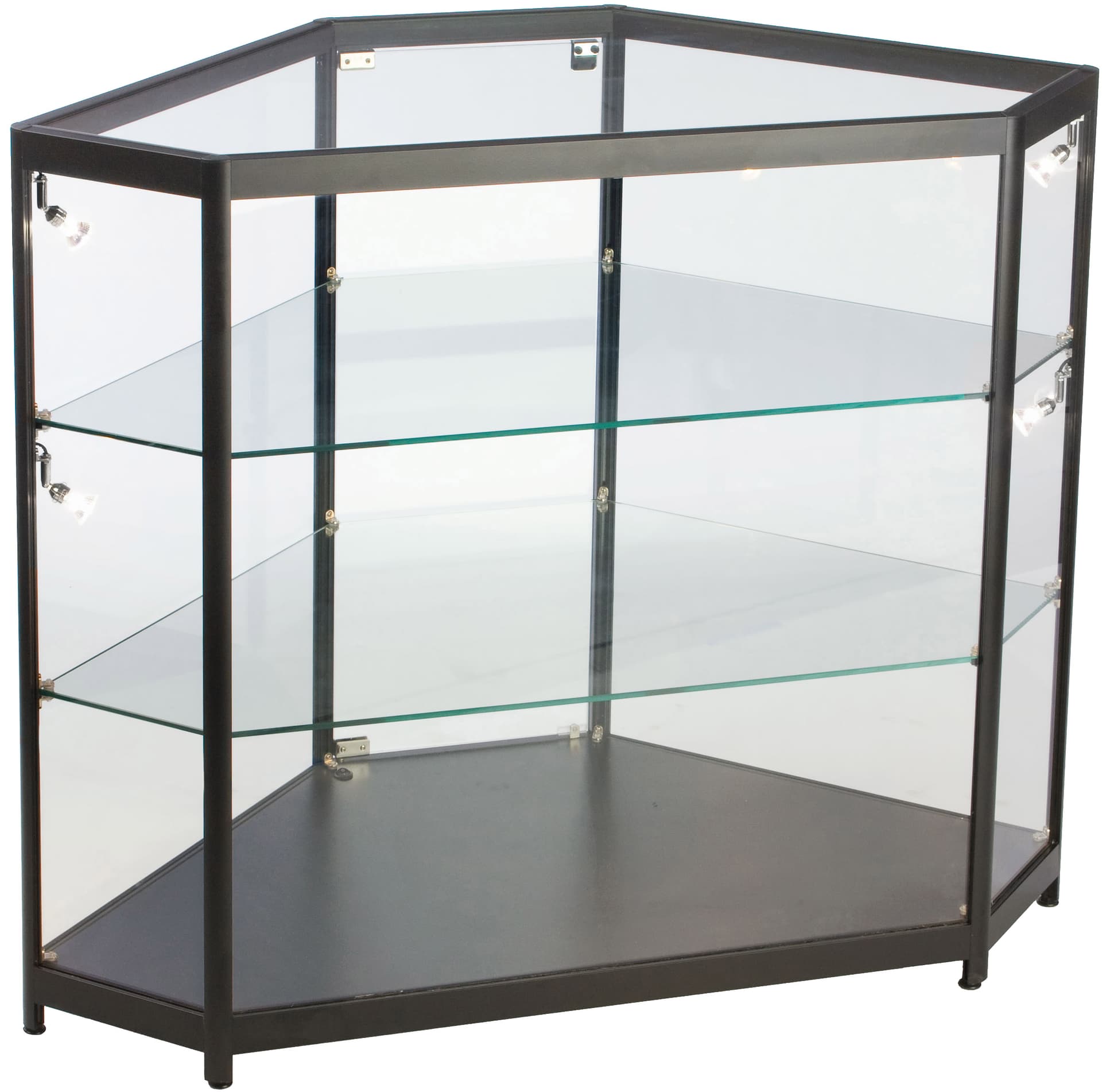 LED Glass Counter Corner | Hinged Door | Displays2Go