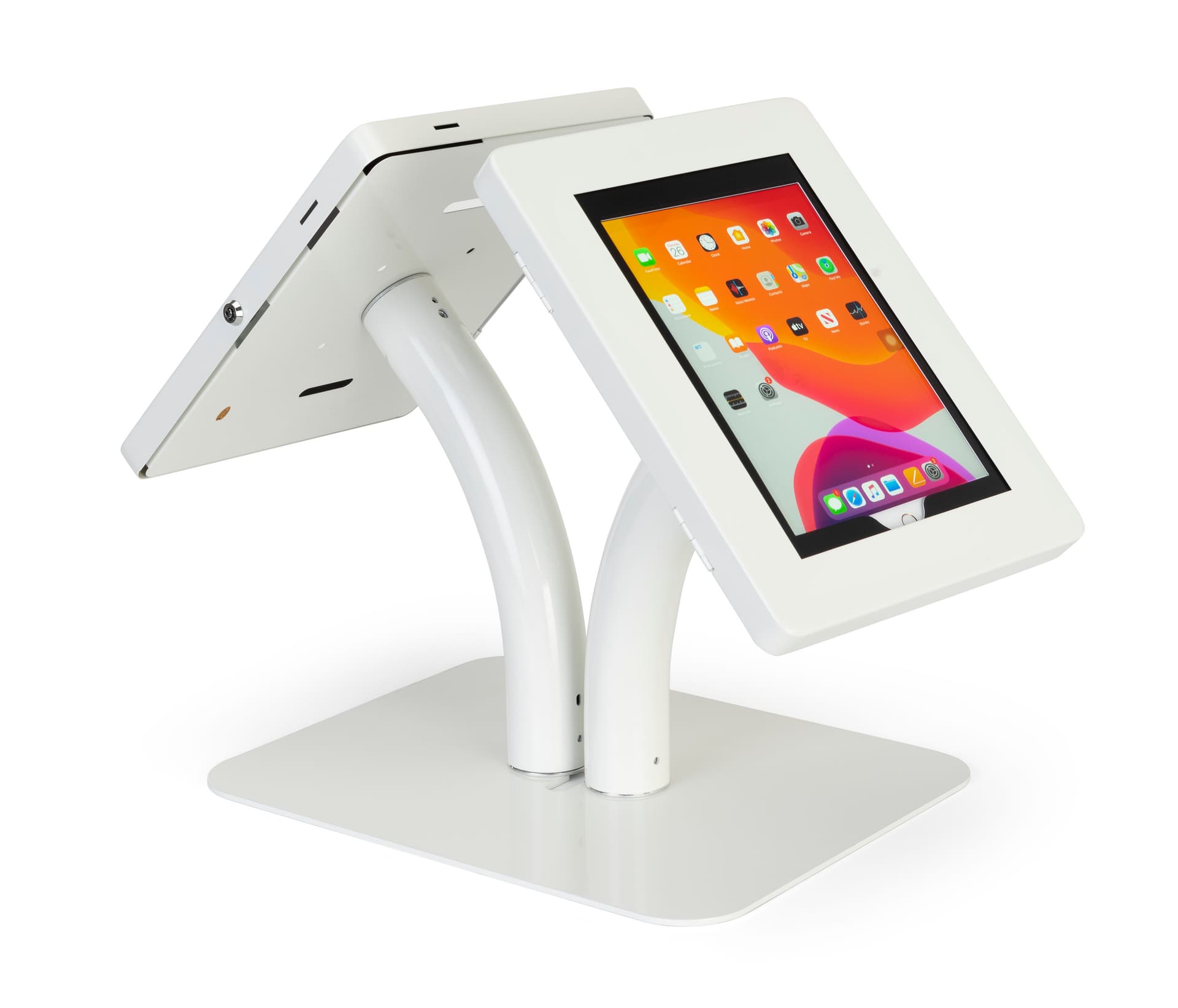 Floor to Counter Dual Sided Tablet Kiosk | Locking Enclosures | Displays2Go