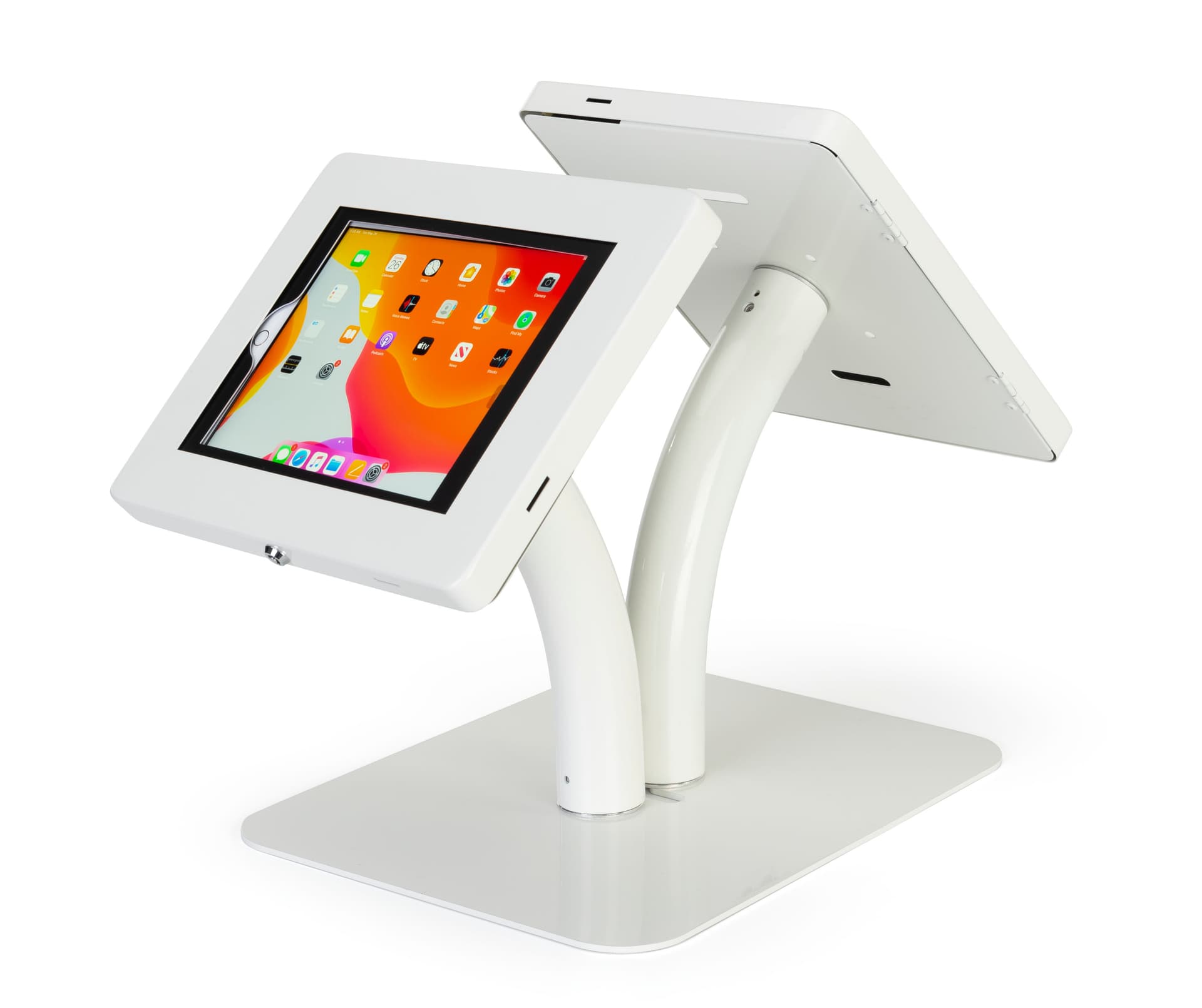 Floor to Counter Dual Sided Tablet Kiosk | Locking Enclosures | Displays2Go