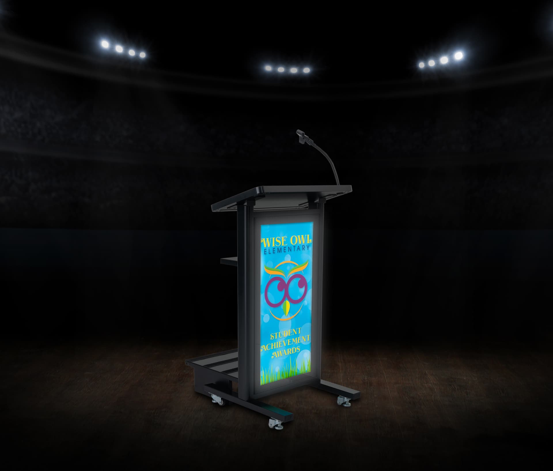 Mobile Lectern with Custom Backlit Graphic | Fold Down Stepper ...