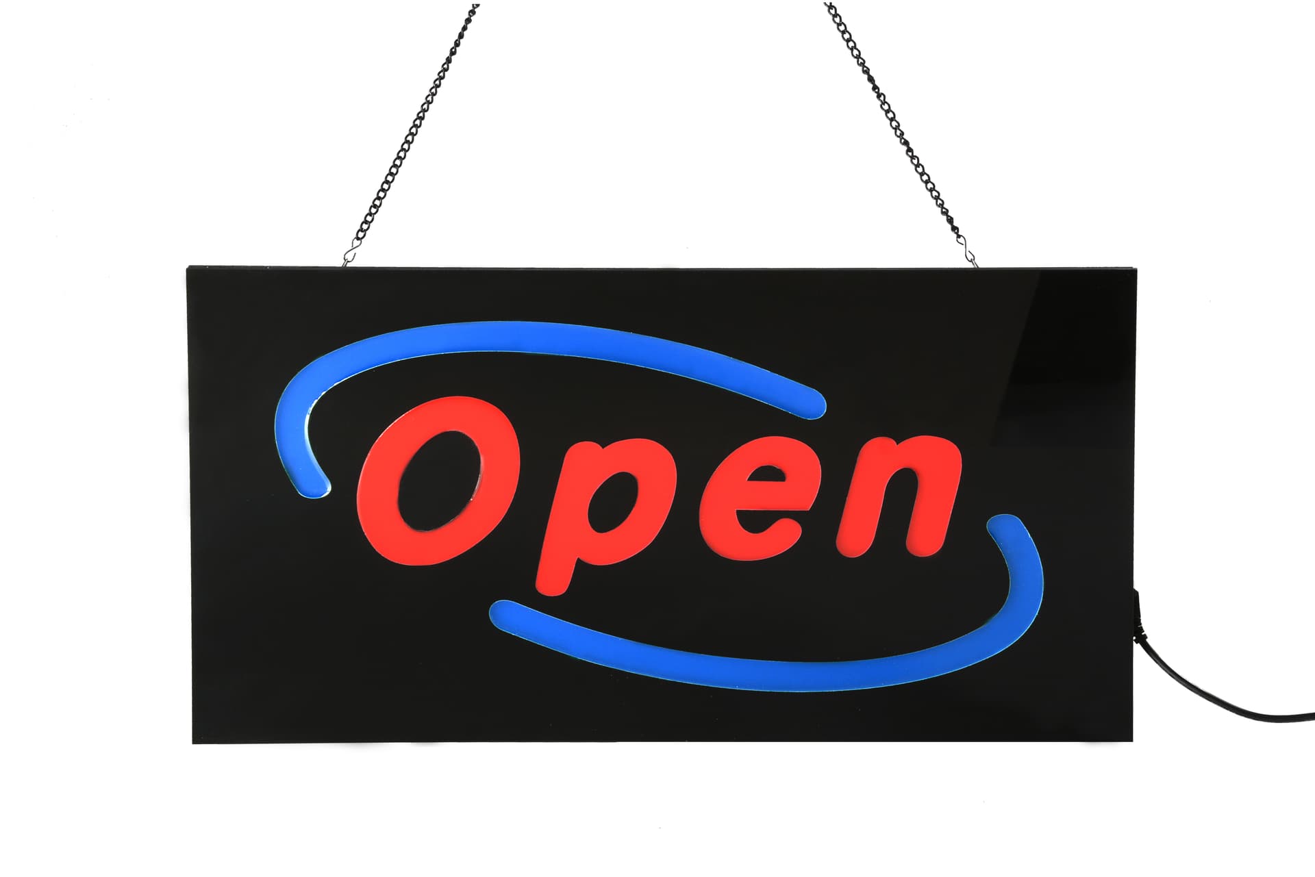 Light Up Open LED Signage | Glowing Red Text with Blue Orbit | Displays2Go