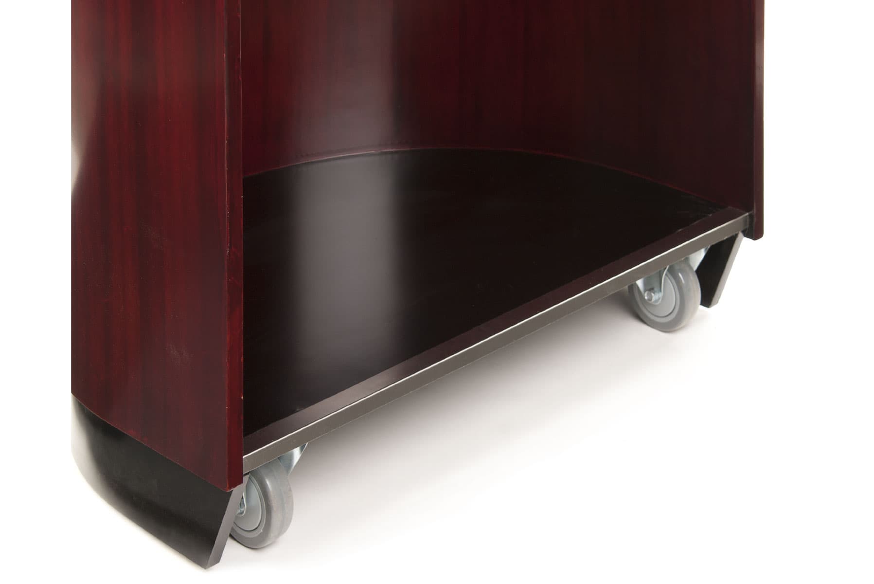 Mobile Lecterns | Curved Mahogany Podium w/ Shelving | Displays2Go