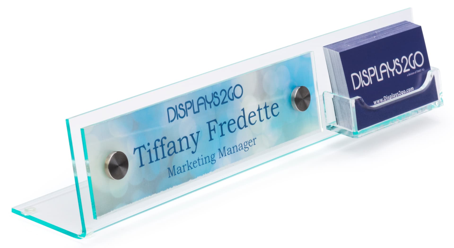 Desk Nameplate with Business Card Holder | Clear Acrylic | Displays2Go