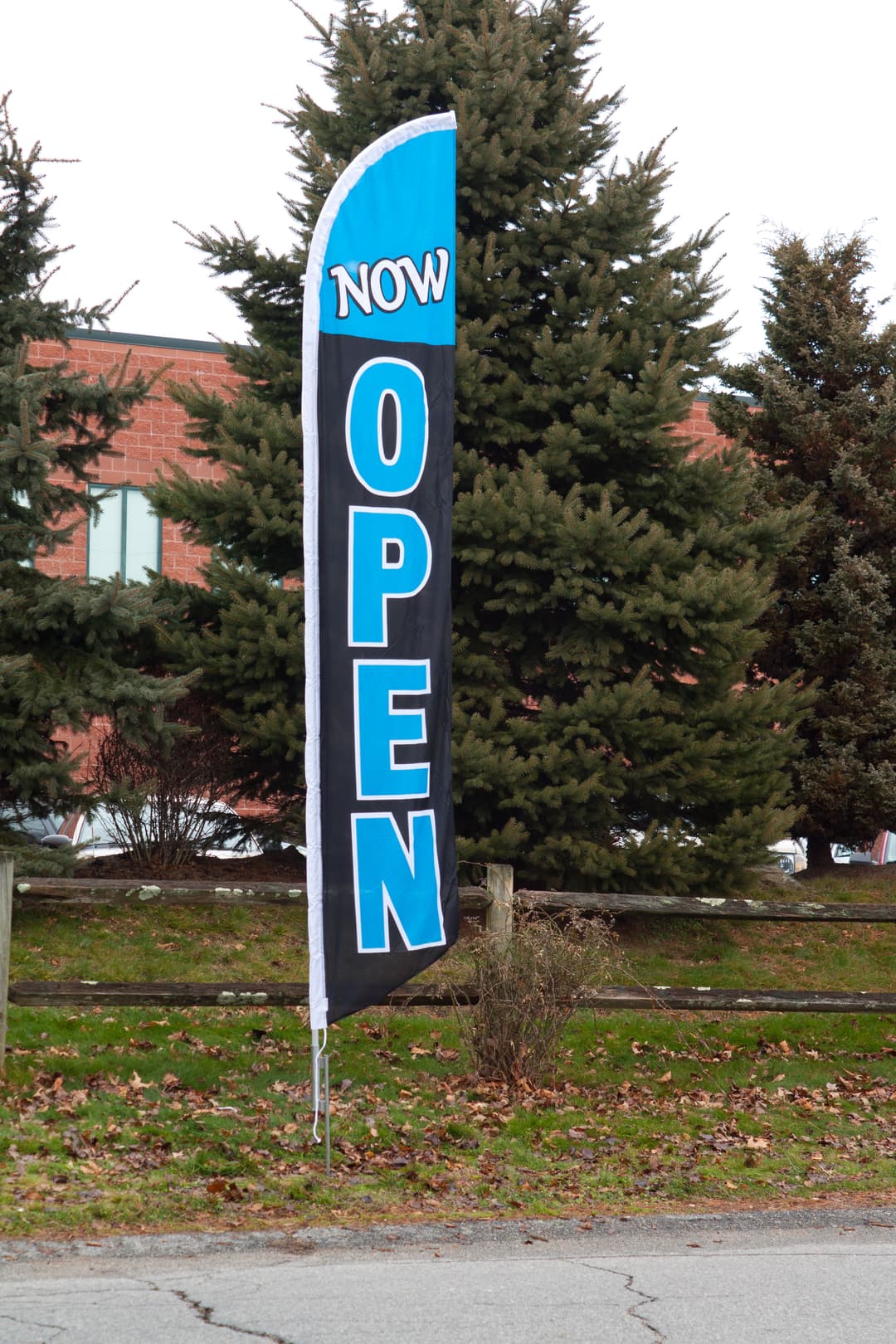 Now Open Flag | Light Blue, White & Black Color Scheme | Displays2Go