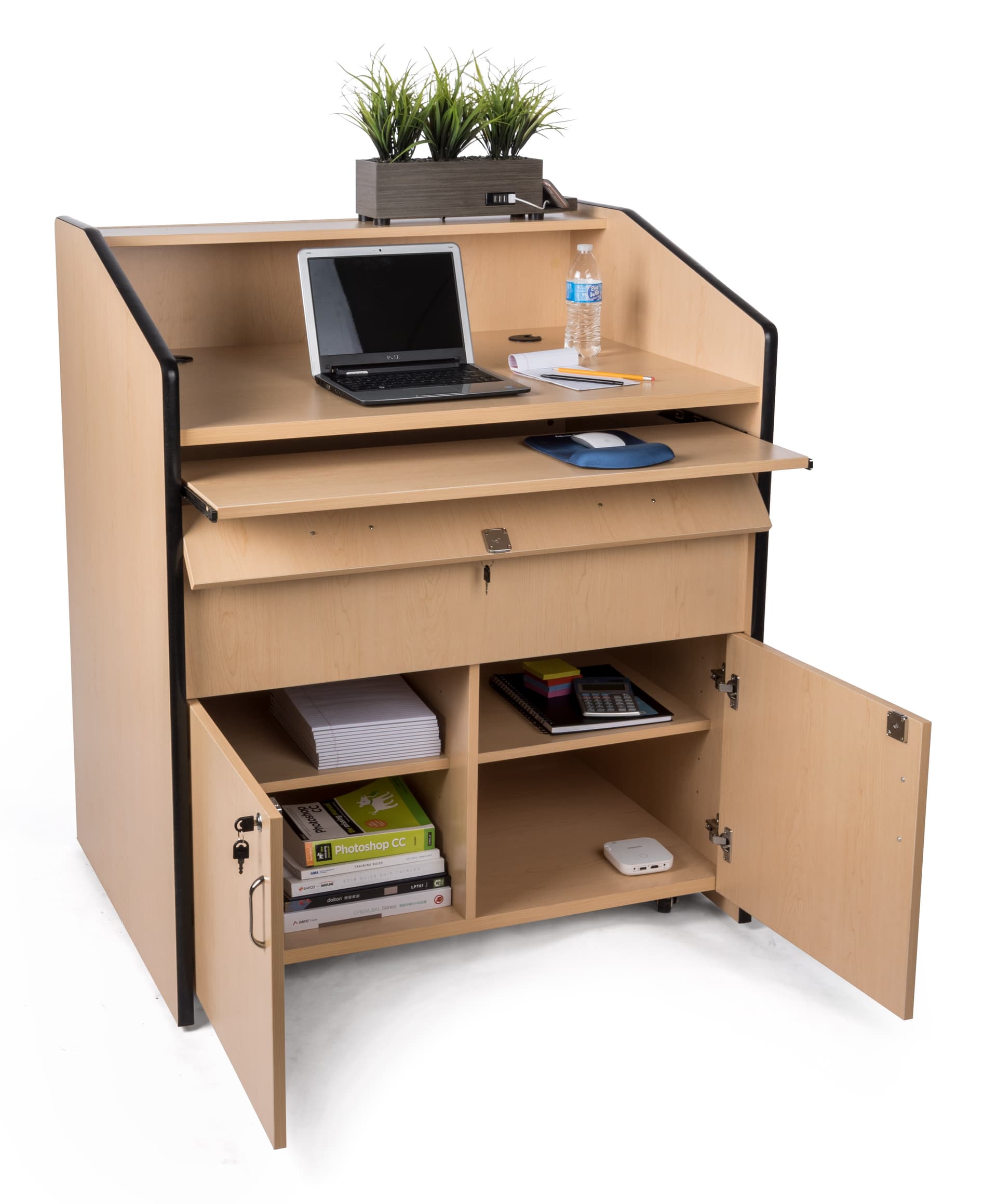 Multimedia Podium with Locking Storage | Maple Laminate Finish ...