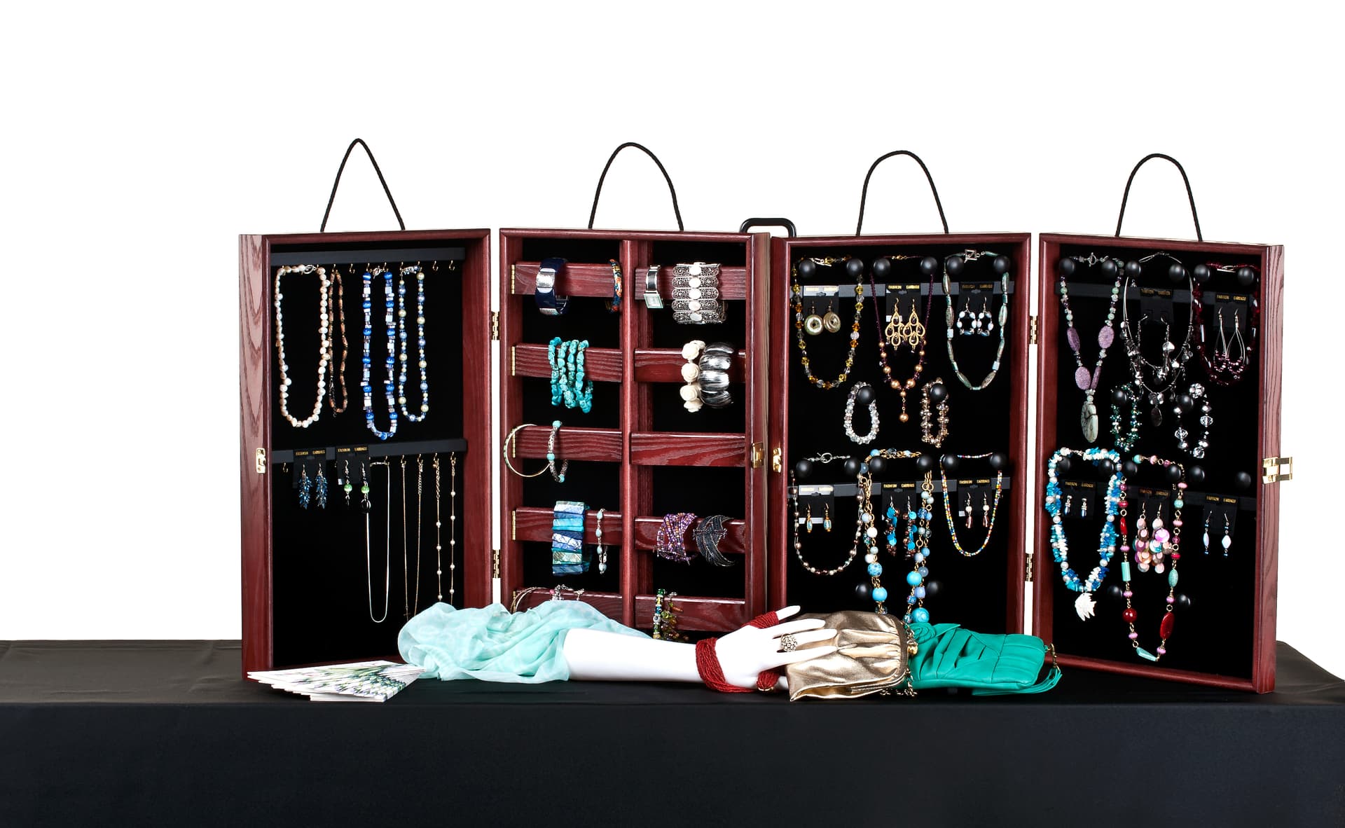 Portable Jewelry Showcase - Ash Wood w/ Cherry Finish | Displays2Go