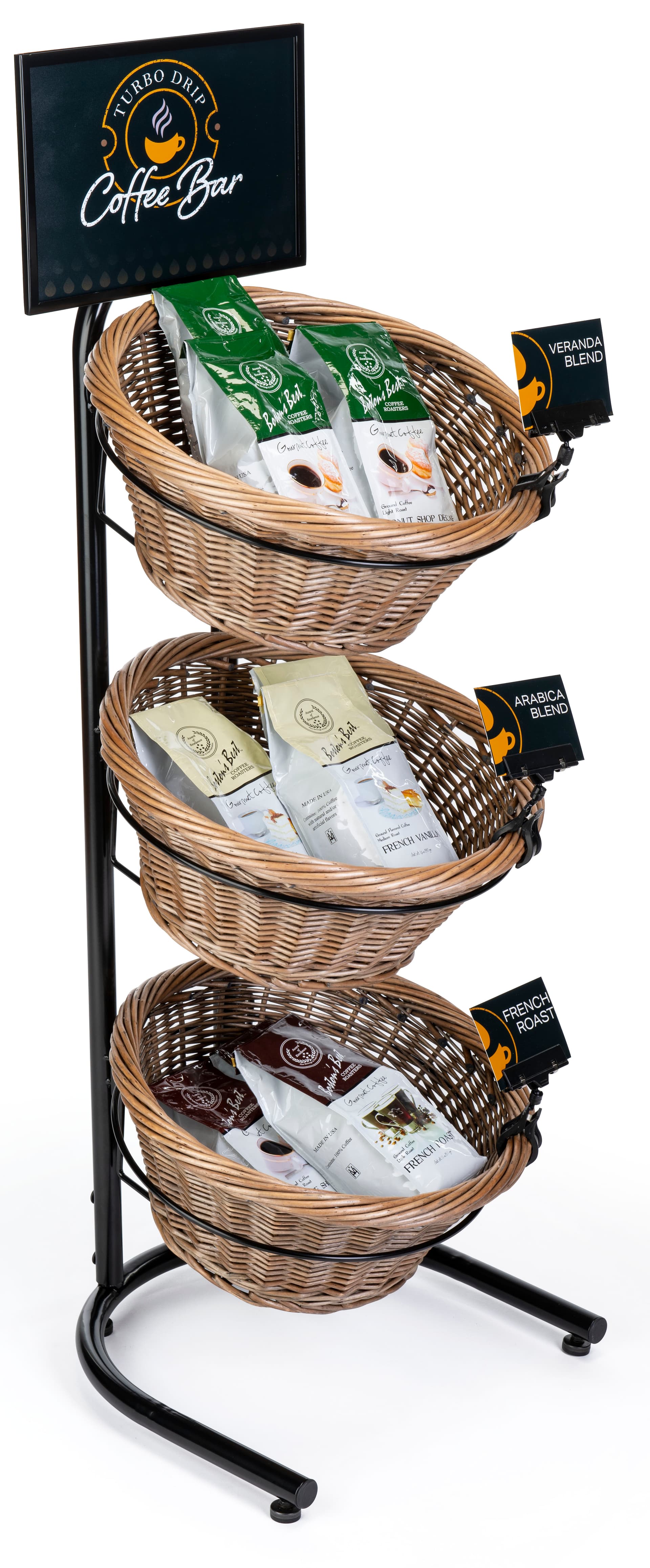 3 Tier Basket Stand | 15” Diameter Wicker Bins | Displays2Go