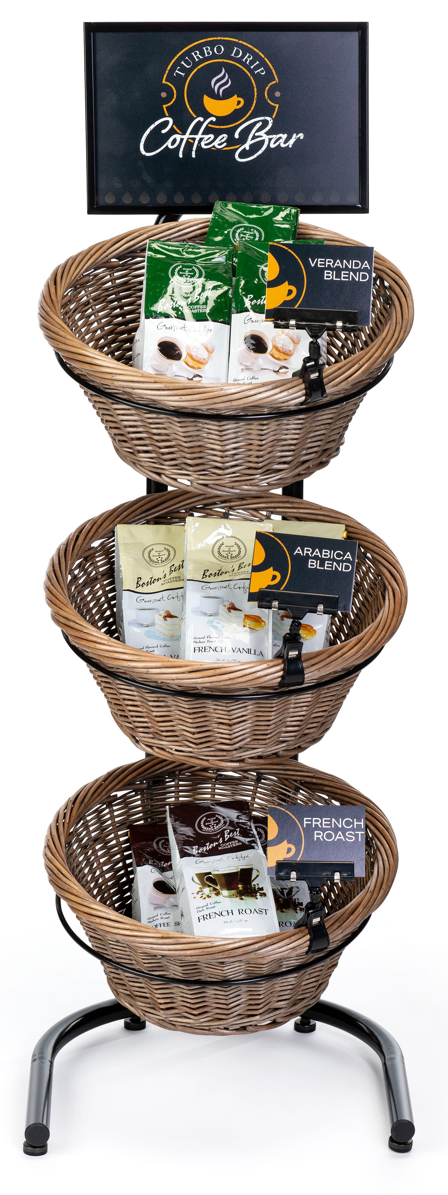 3 Tier Basket Stand | 15” Diameter Wicker Bins | Displays2Go