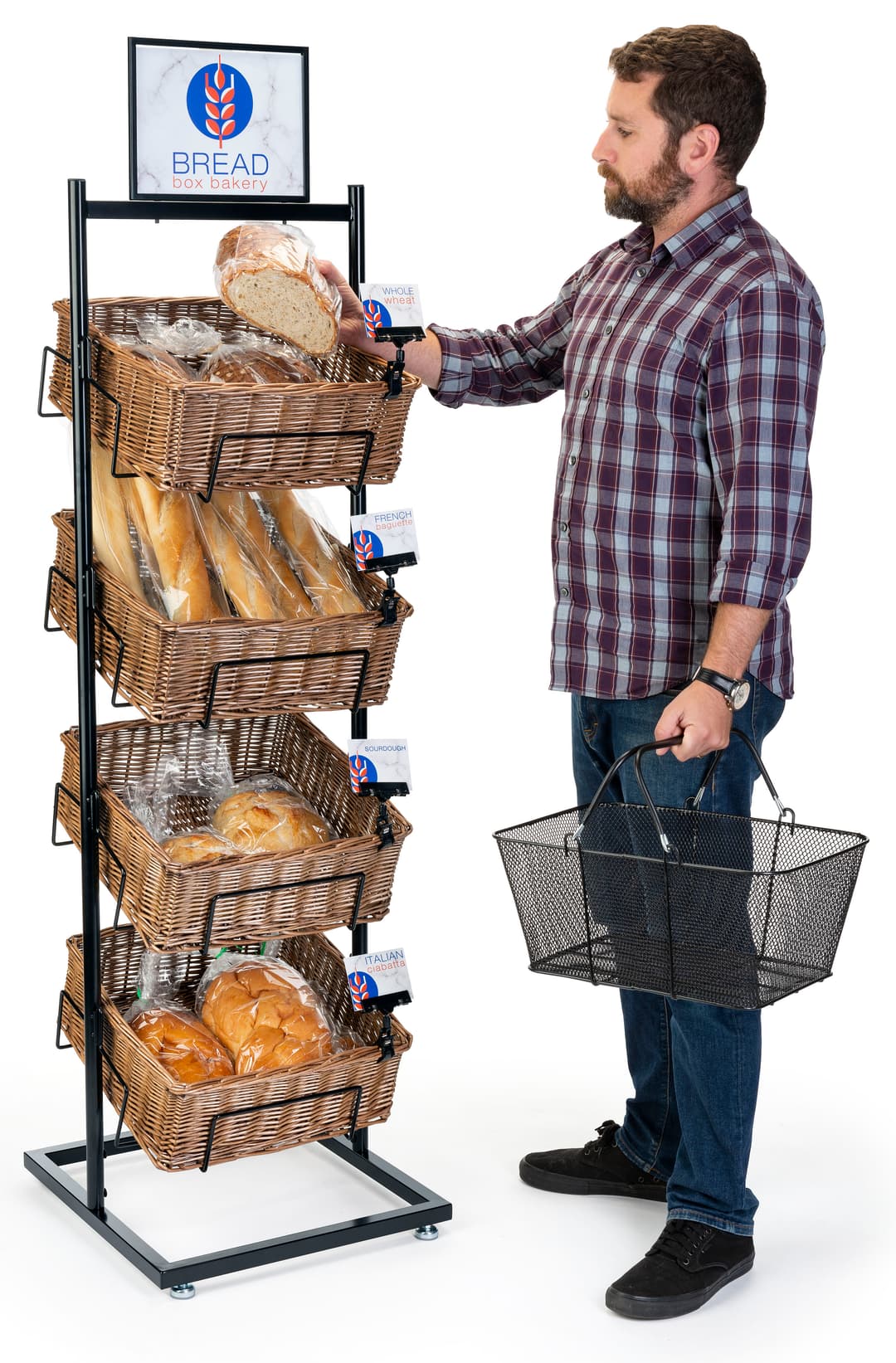 4 Tier Basket Floor Stand | Set of Four Wicker Baskets | Displays2Go