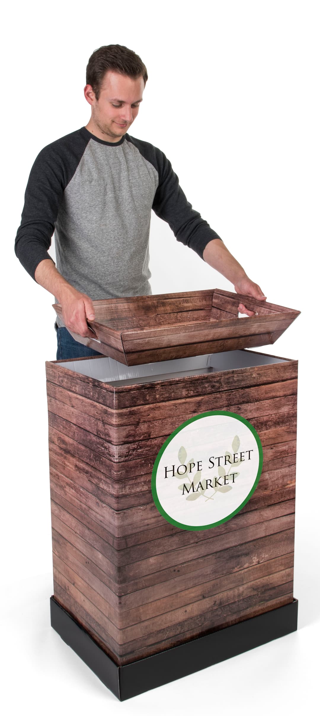 Custom Cardboard Dump Bin Rustic | Pre-Printed Faux Wood Exterior ...