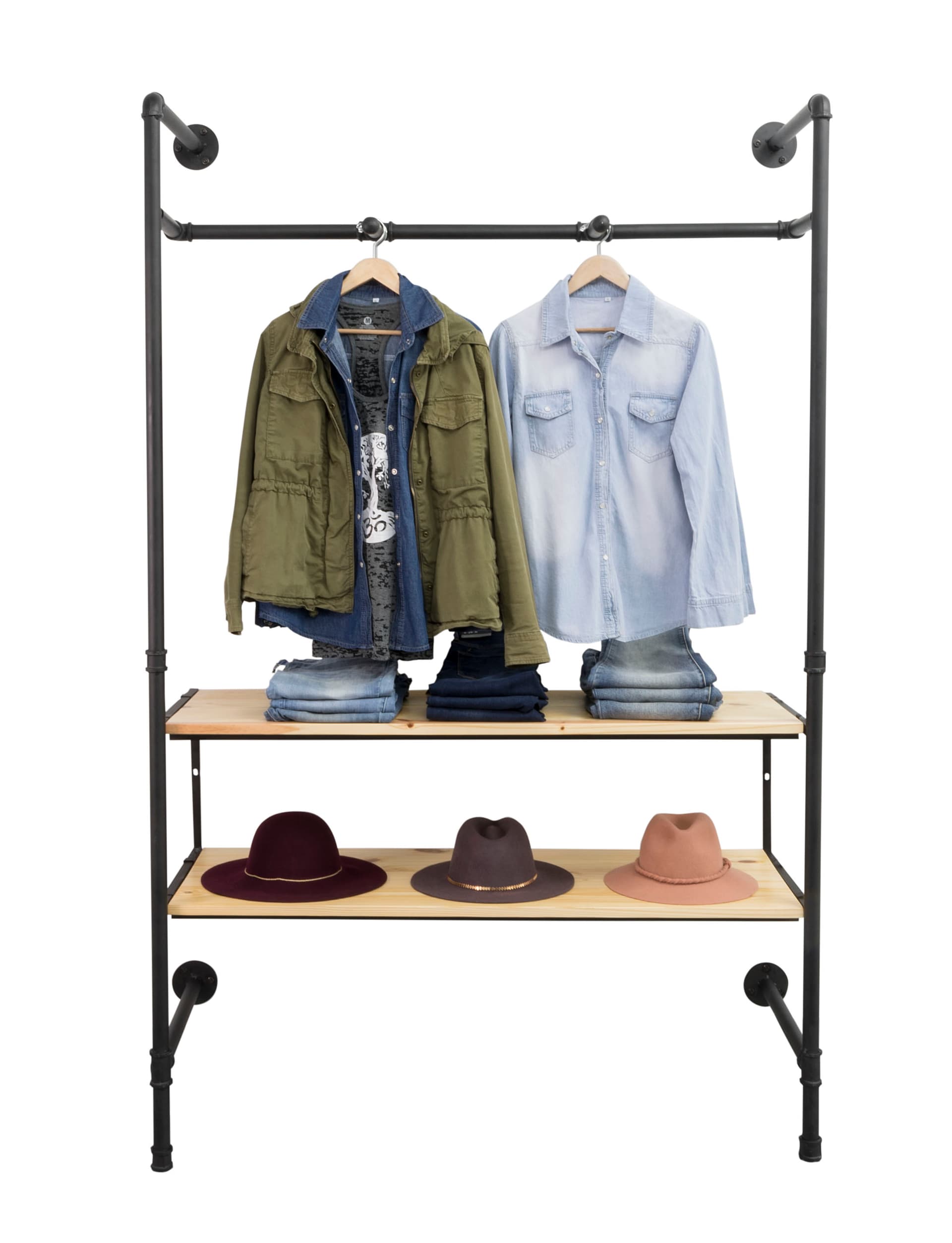 Pipe Outrigger Wall Display | 2 Natural Stained Wood Shelves | Displays2Go