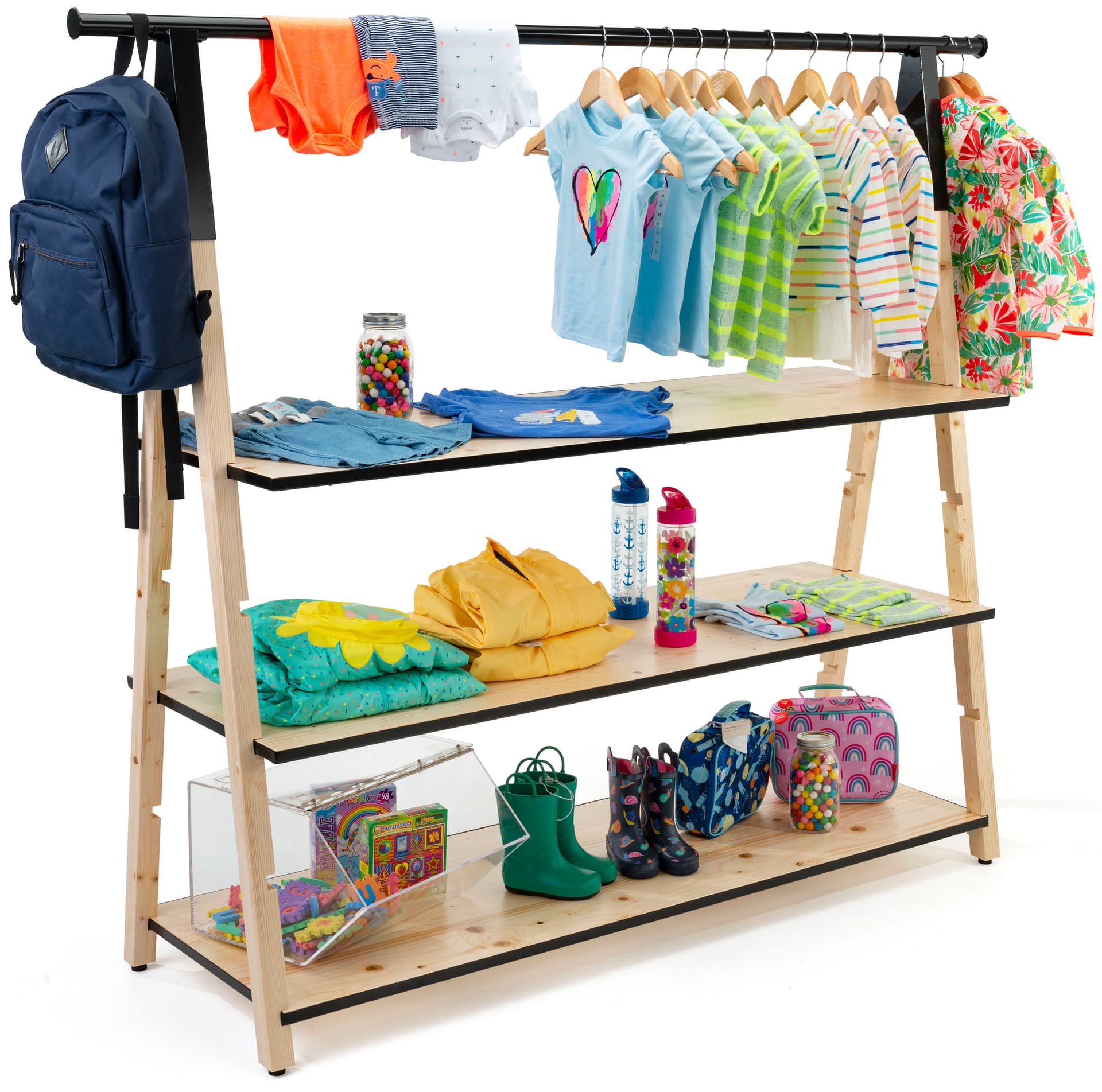 Wooden A Frame Clothing Rack with Base Shelves | Adjustable Tiers ...