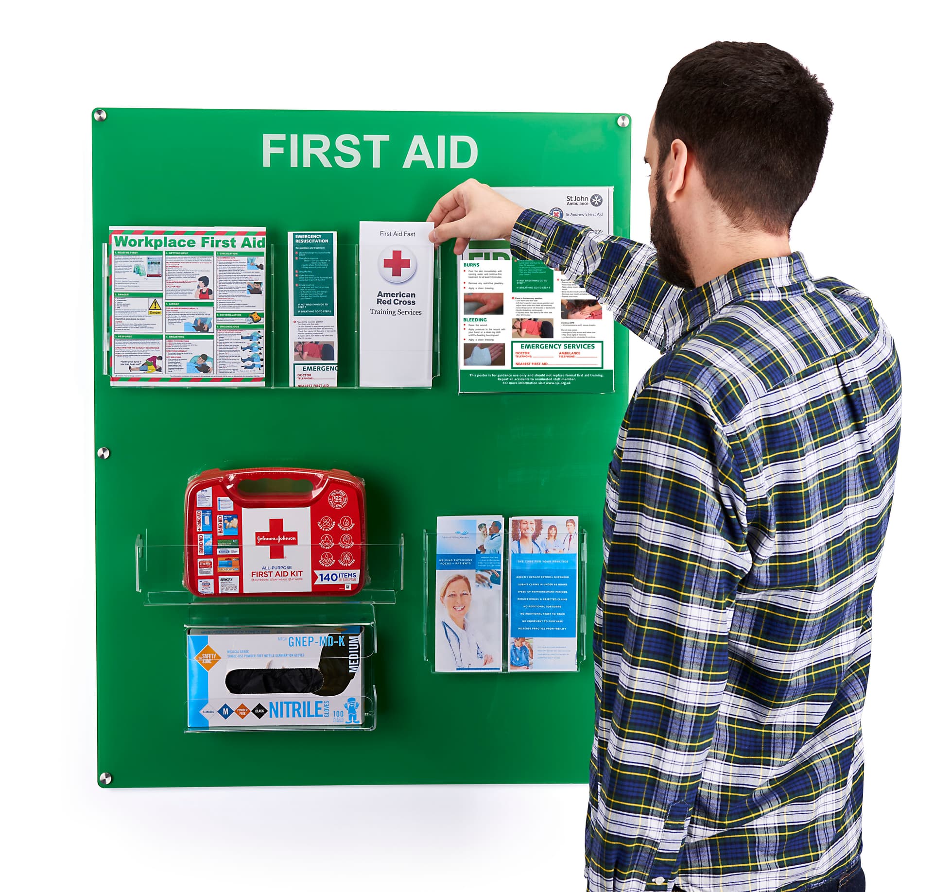 Wall-Mounted First Aid Station | Kit Shelf & Pamphlet Holders | Displays2Go