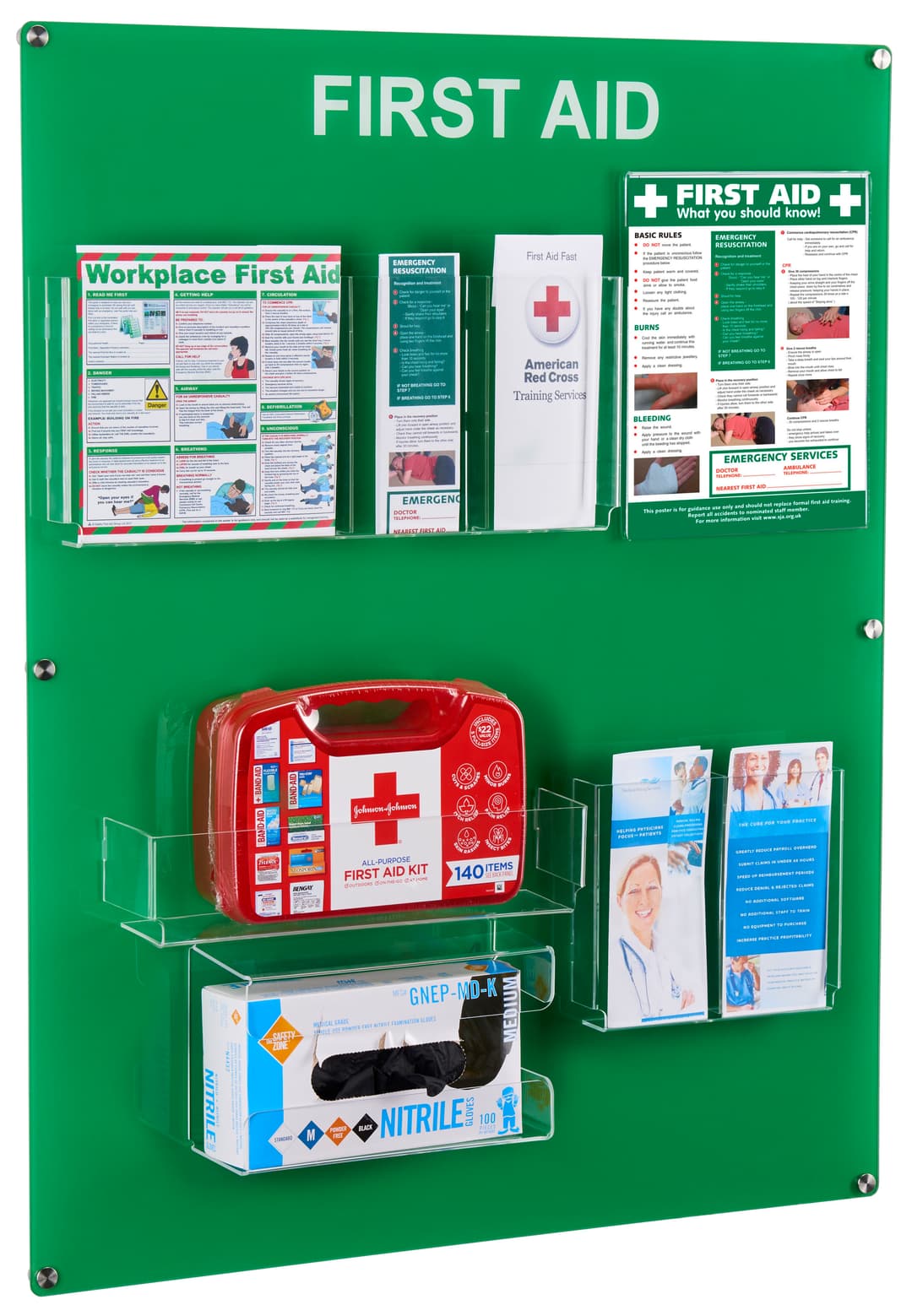 Wall-Mounted First Aid Station | Kit Shelf & Pamphlet Holders | Displays2Go