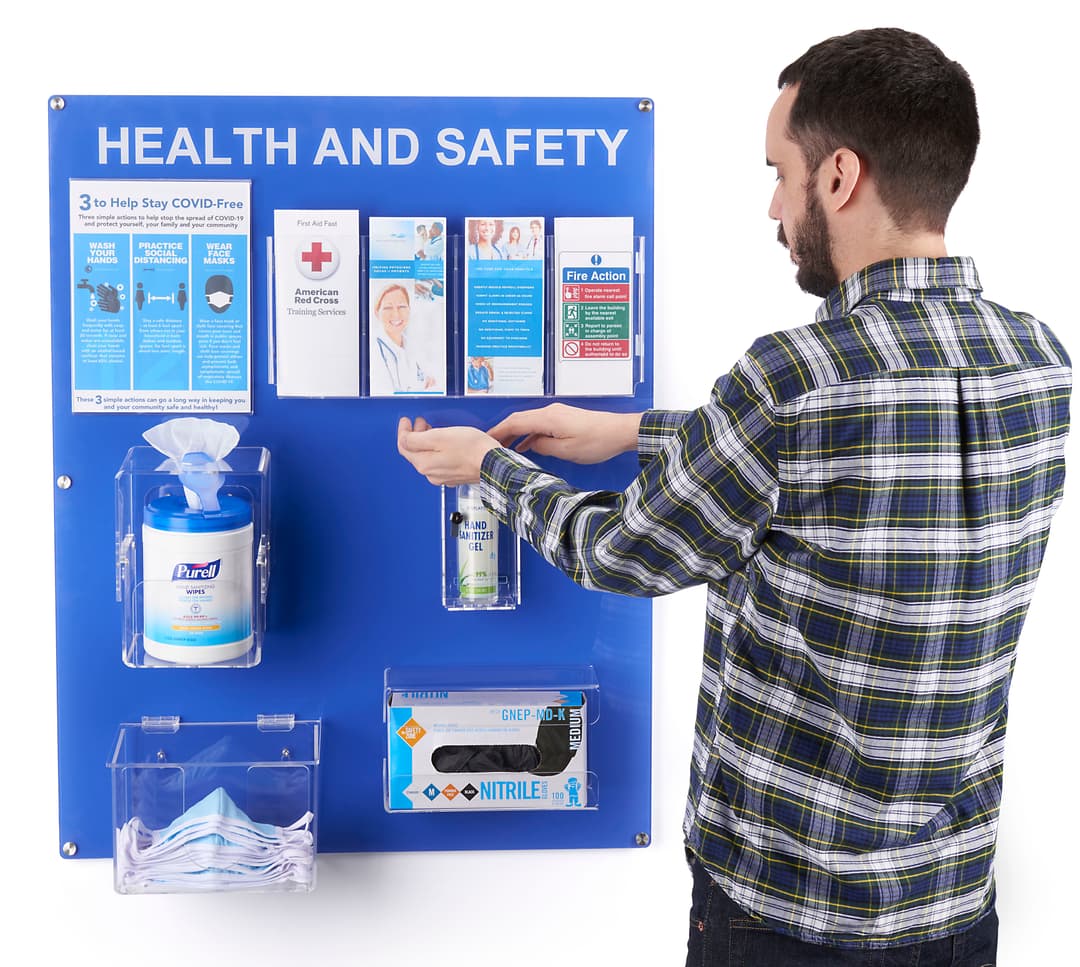 Mounted Acrylic Health & Safety Wall Board | PPE Dispensers | Displays2Go
