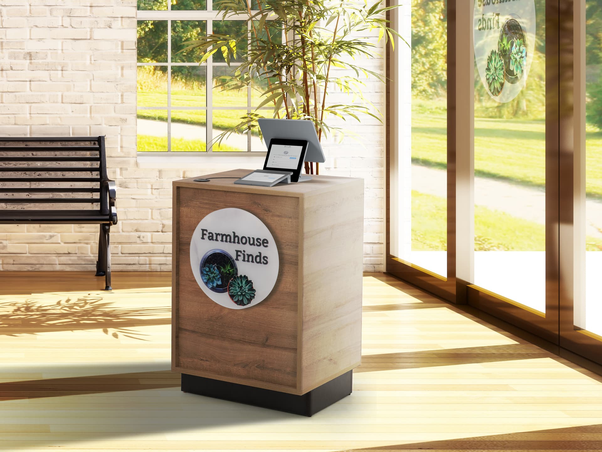 Wood Host Stand | Cord Management and Adjustable Shelves | Displays2Go