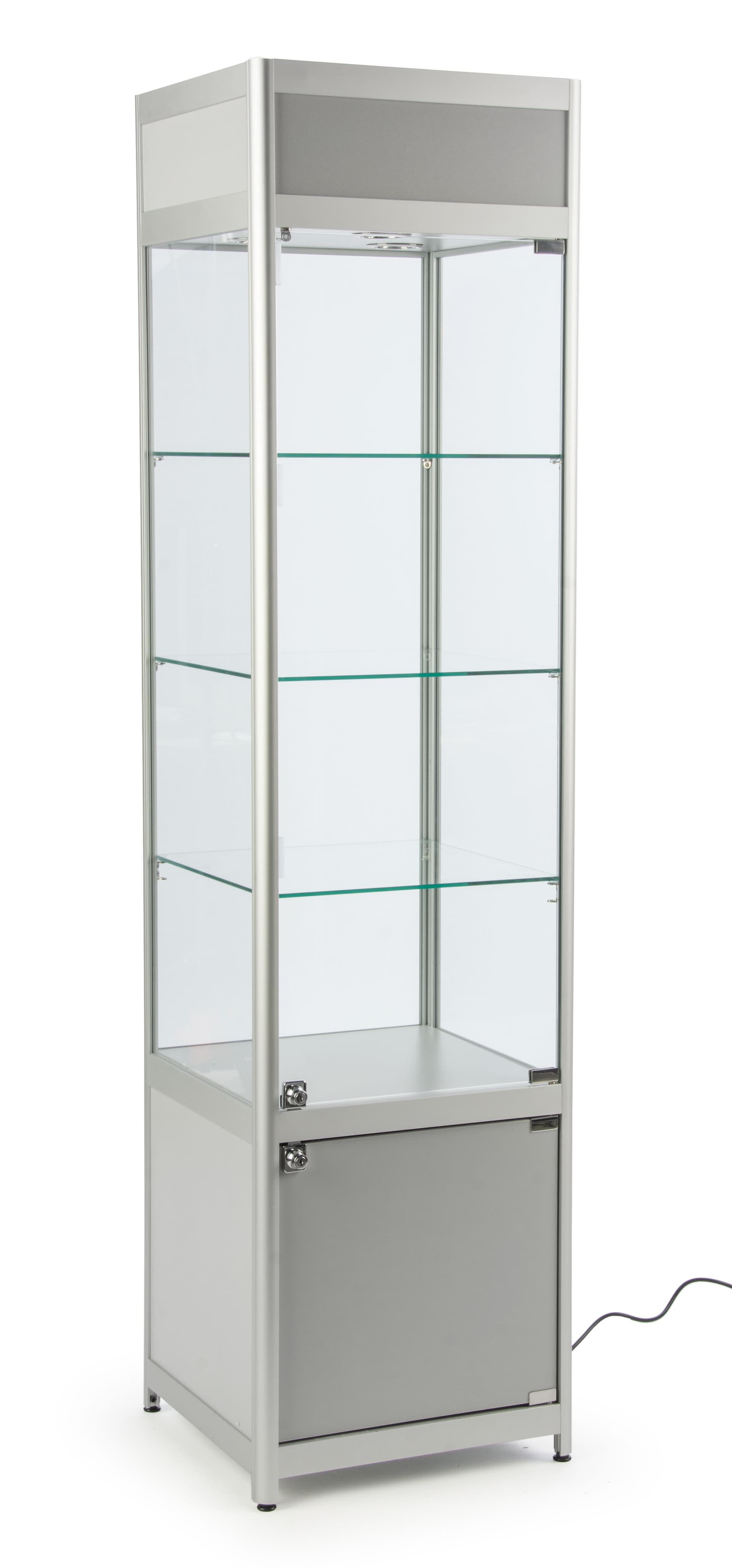 Knock Down Glass Tower Case | Enclosed Storage Raised Base | Displays2Go