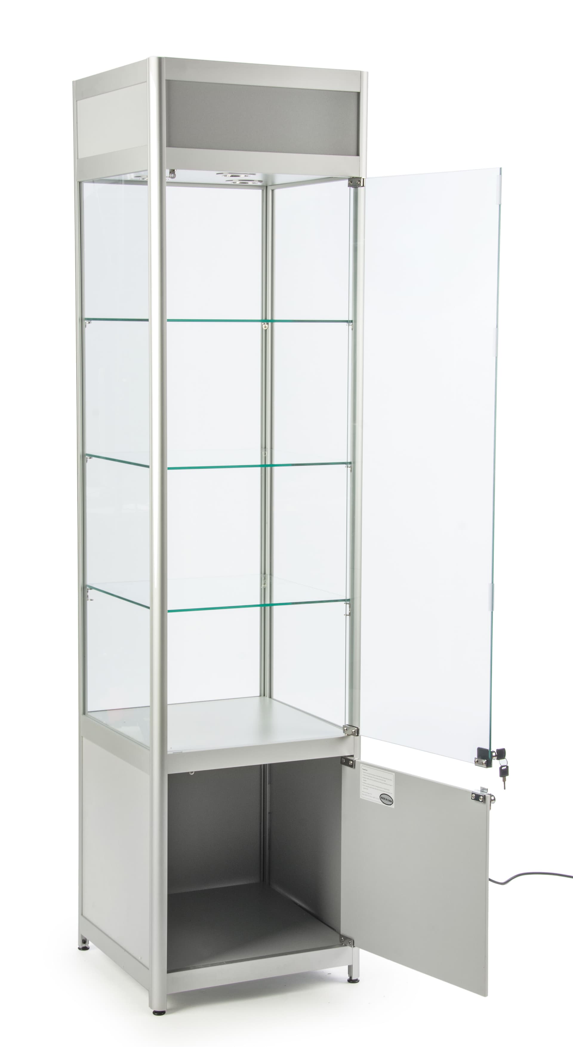 Knock Down Glass Tower Case | Enclosed Storage Raised Base | Displays2Go