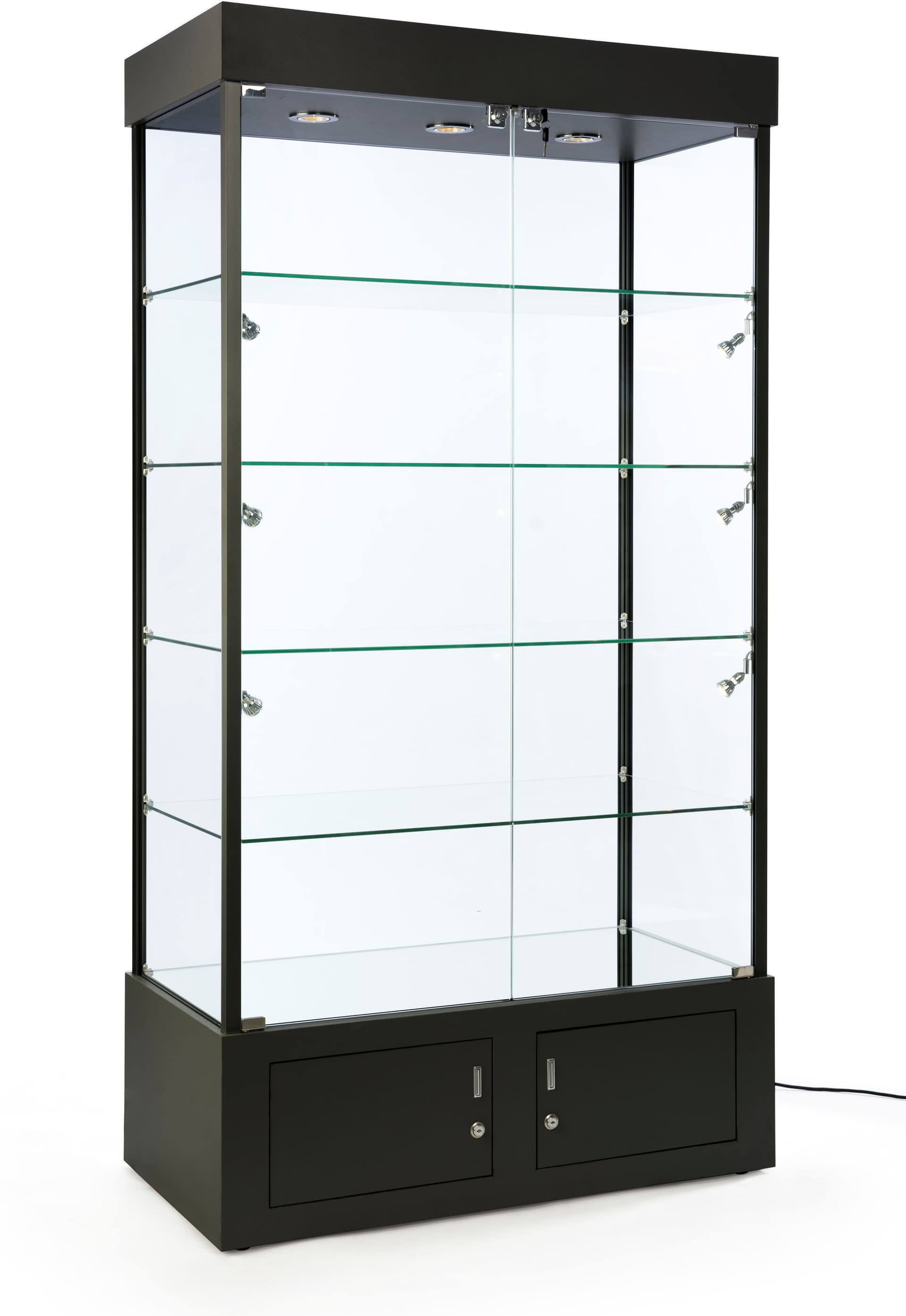 Black Display Case with Mirrored Bottom | Bottom Storage | Displays2Go