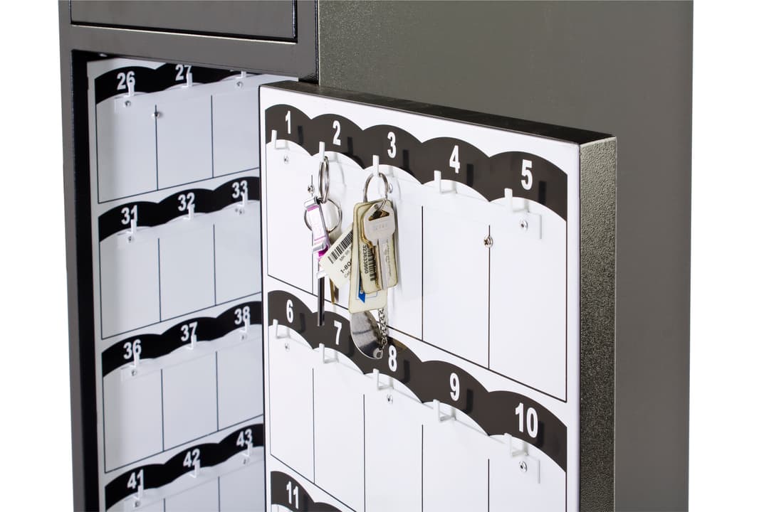 Black Valet Station | Locking Drawer & Wheels - 100 Key Hooks | Displays2Go