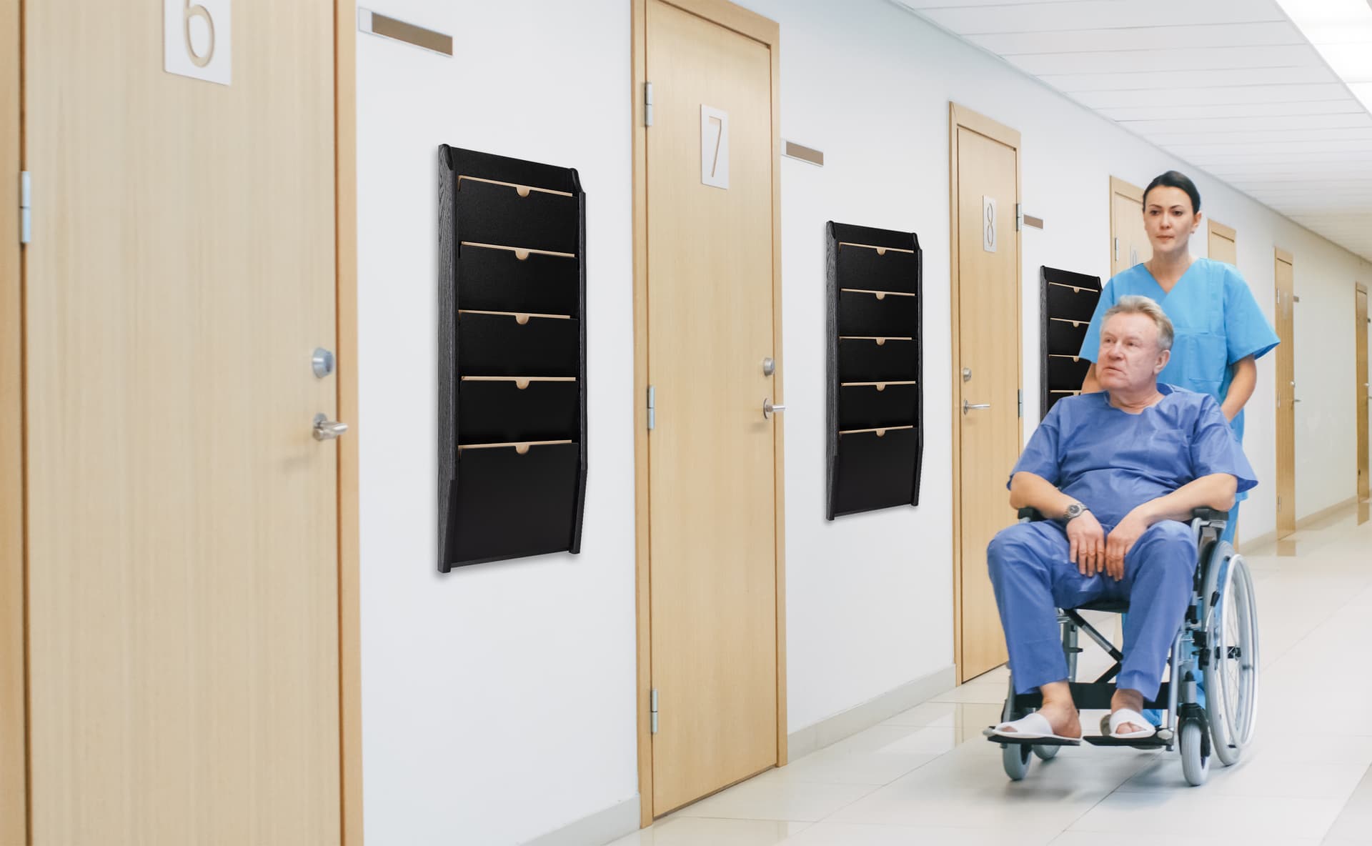 5 Pocket Medical Chart Holder | Black Finish Oak Wood | Displays2Go