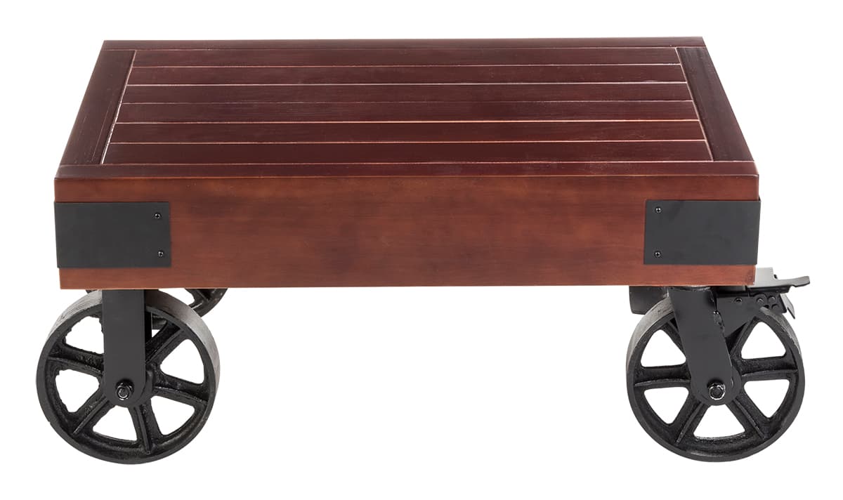 Industrial Style Low Wheeled Table | Mahogany Finished Wood | Displays2Go