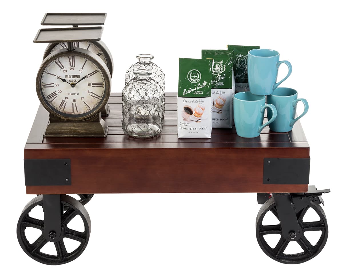 Industrial Style Low Wheeled Table | Mahogany Finished Wood | Displays2Go