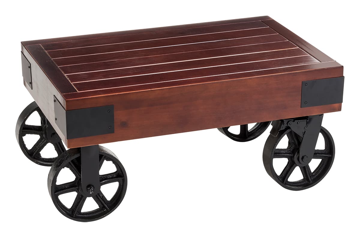 Industrial Style Low Wheeled Table | Mahogany Finished Wood | Displays2Go