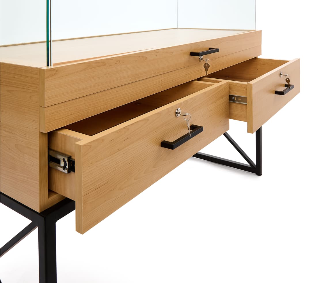Glass Display Case with Drawers | Pull-Out Top Deck | Displays2Go